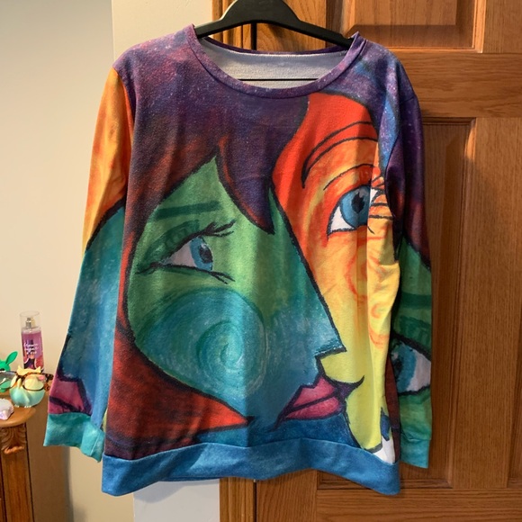 Tops | Multicolored Abstract Face Art Sweater Size Medium | Poshmark